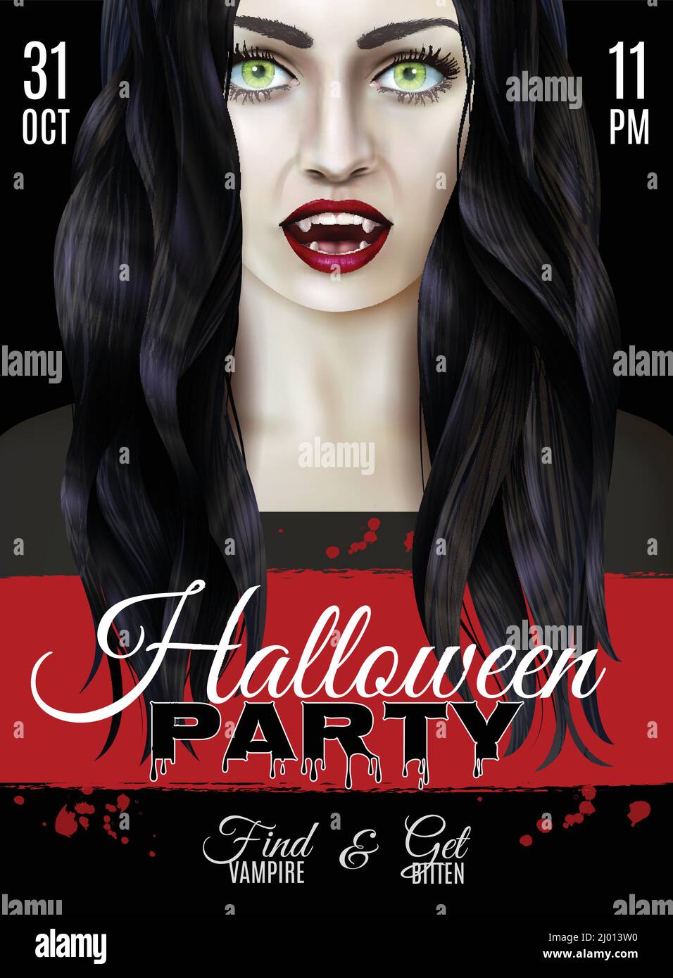 Halloween party poster with scary woman wearing vampire teeth realistic ...
