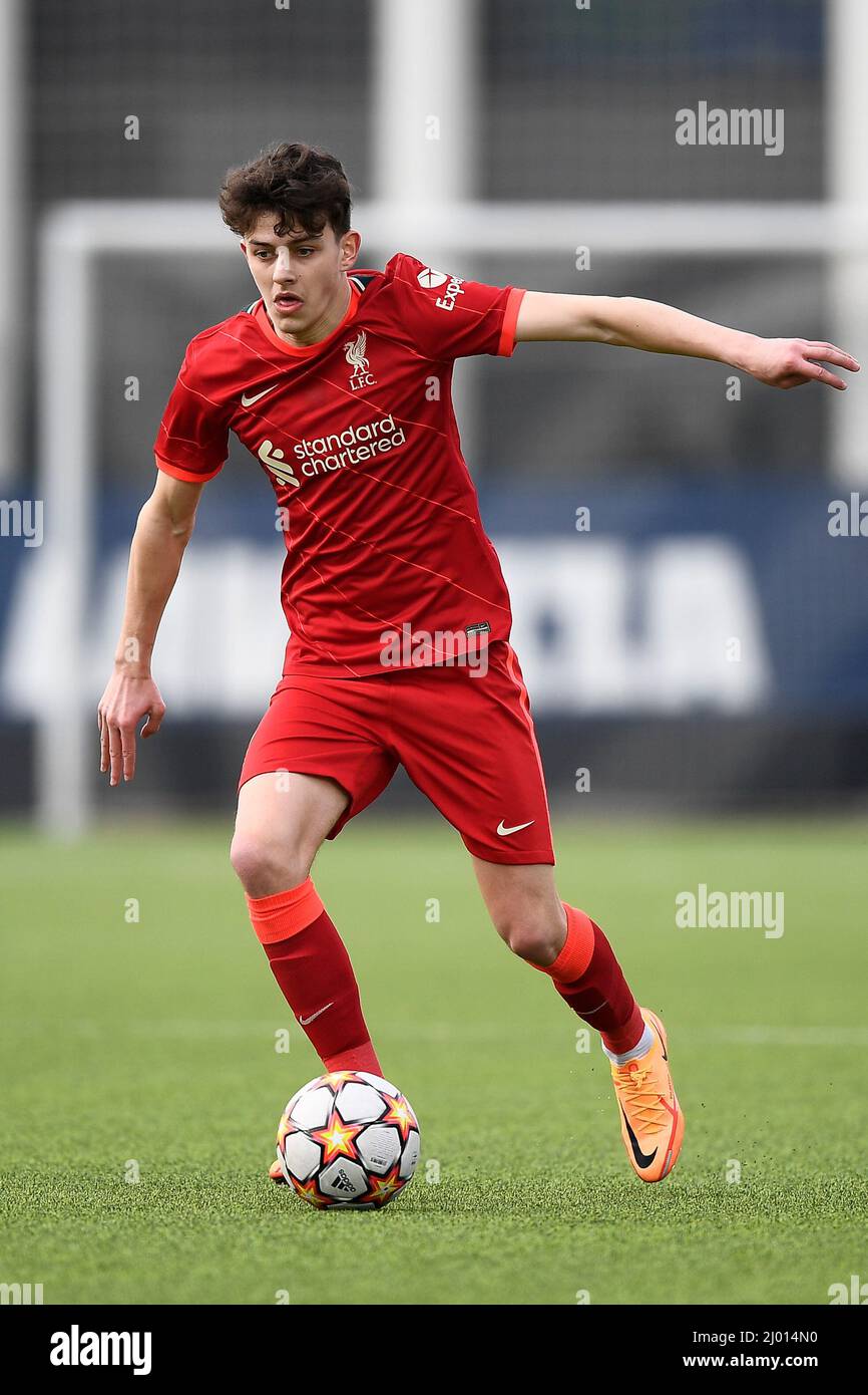 Vinovo, Italy. 15 March 2022. Owen Beck of Liverpool FC U19 in action ...