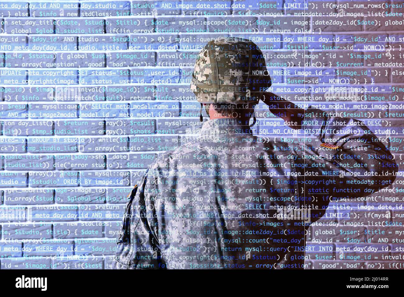 Double exposure of saluting soldier near brick wall and computer code ...