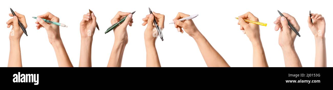 Female hands with different pens on white background Stock Photo - Alamy