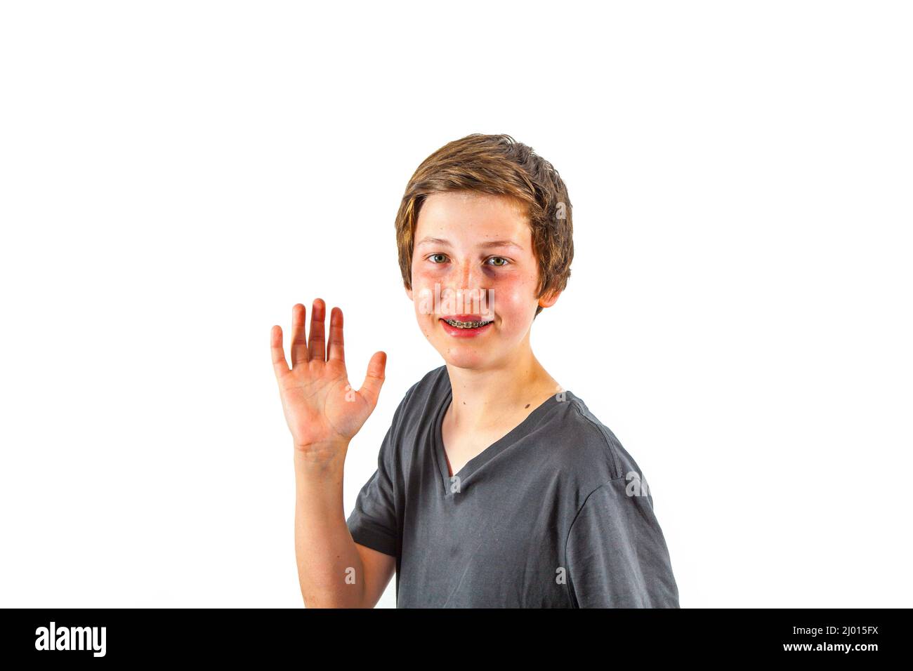 happy joyful boy gives sign Stock Photo - Alamy
