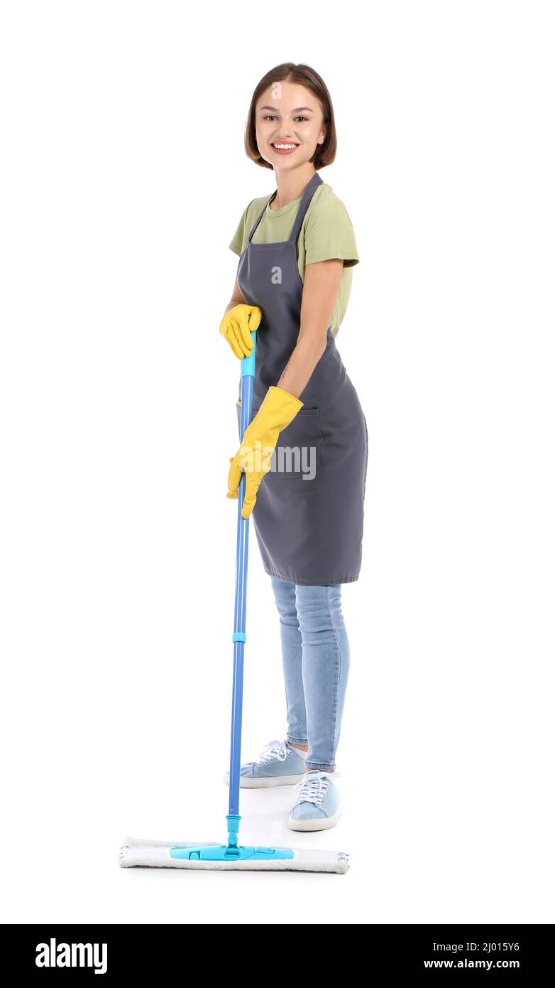 Beautiful young woman with floor mop on white background Stock Photo ...