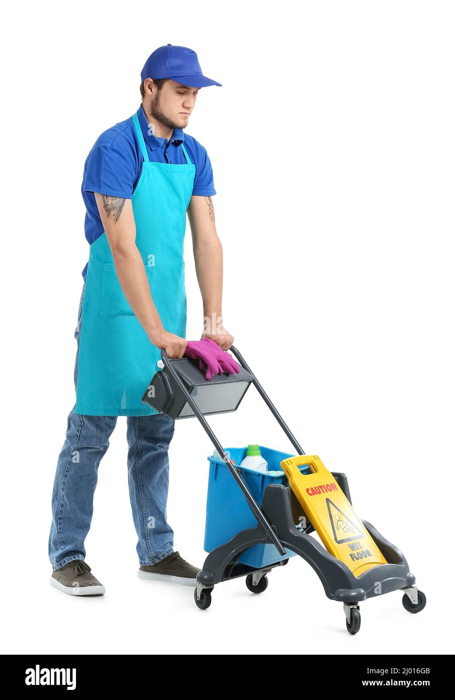 Worker of cleaning service with trolley on white background Stock Photo ...