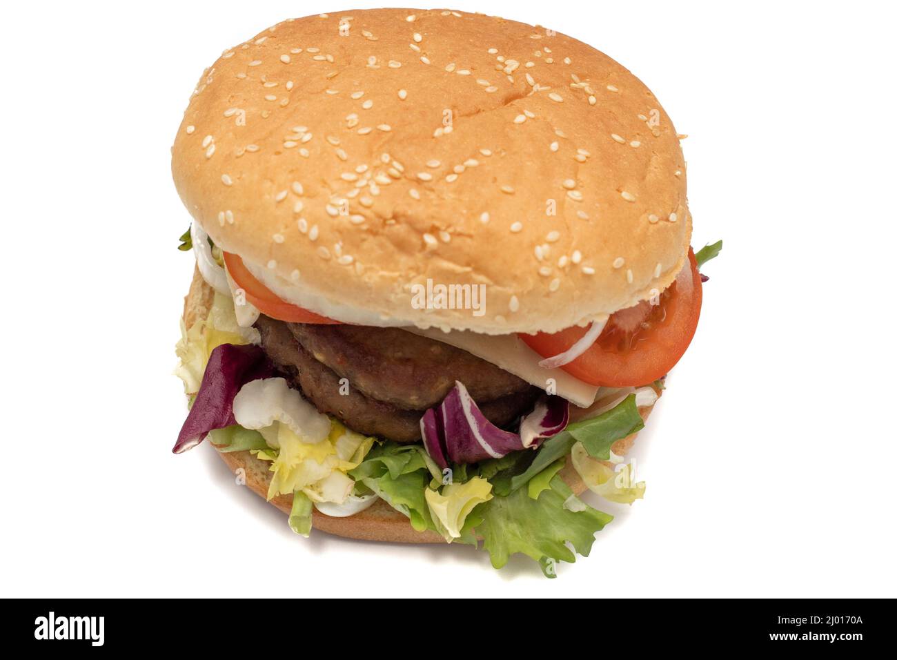 A double meat burger, with the ingredients, lettuce, cabbage, cucumber ...
