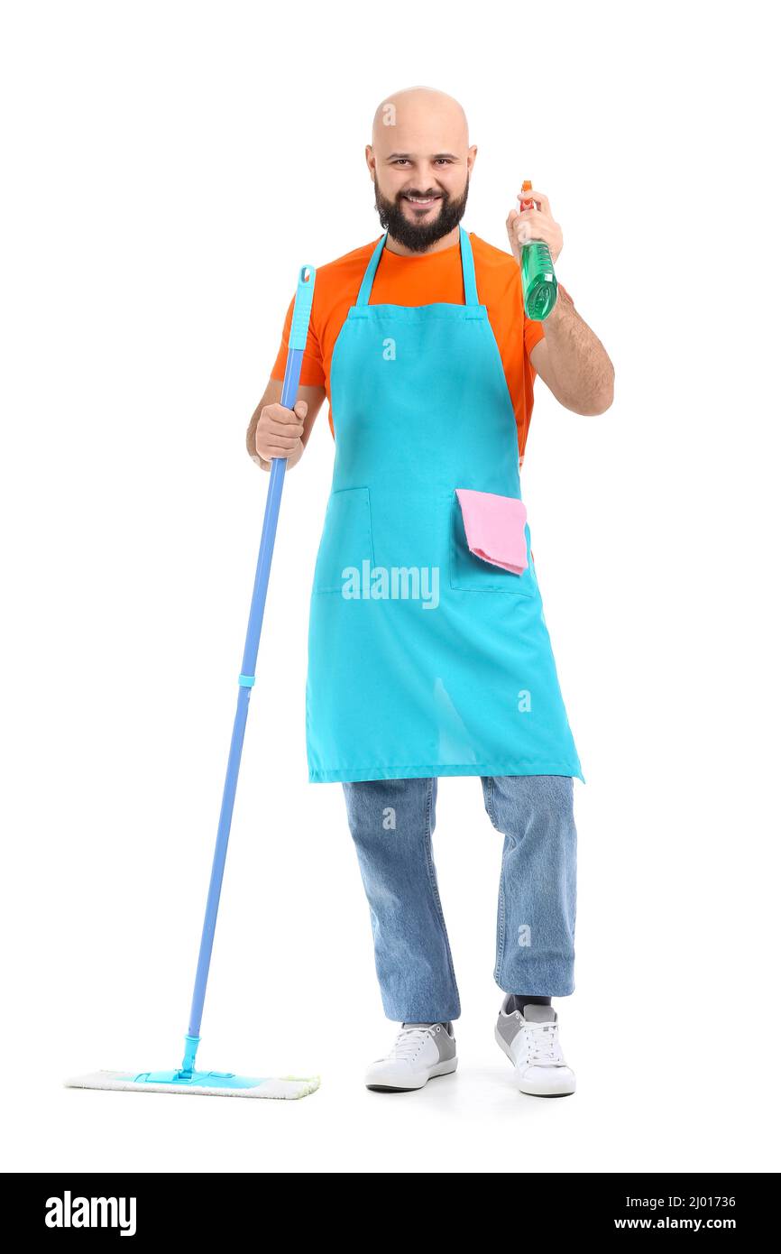 Bald man with cleaning supplies isolated on white Stock Photo - Alamy