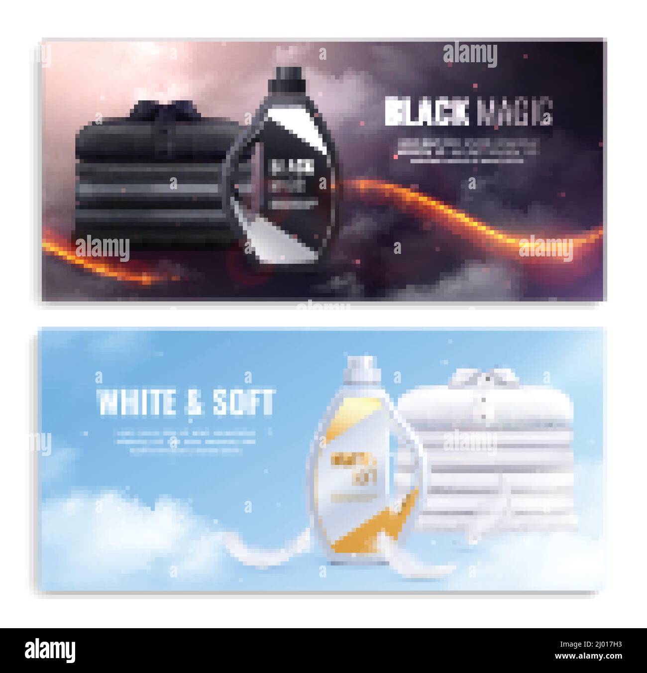 Washing clothes realistic banners with advertising of soft detergent ...