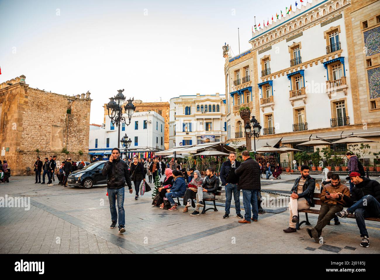 Crowded Balel Bahr Square in front of the Sea Gate, Tunis, Tunisia ...