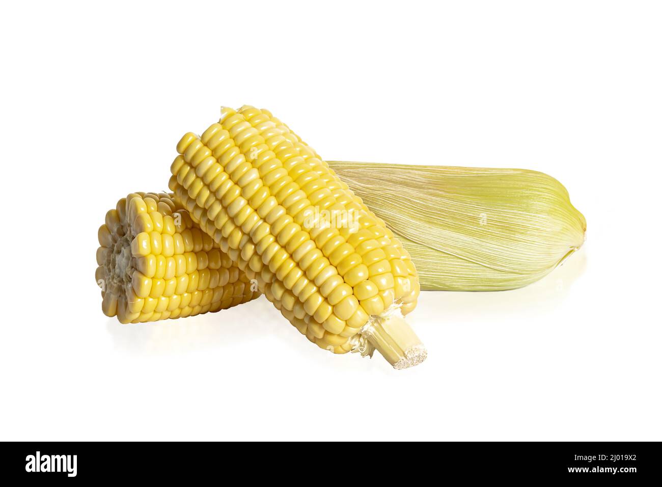 Close-up shot of a cut corn cob isolated on a white background Stock ...