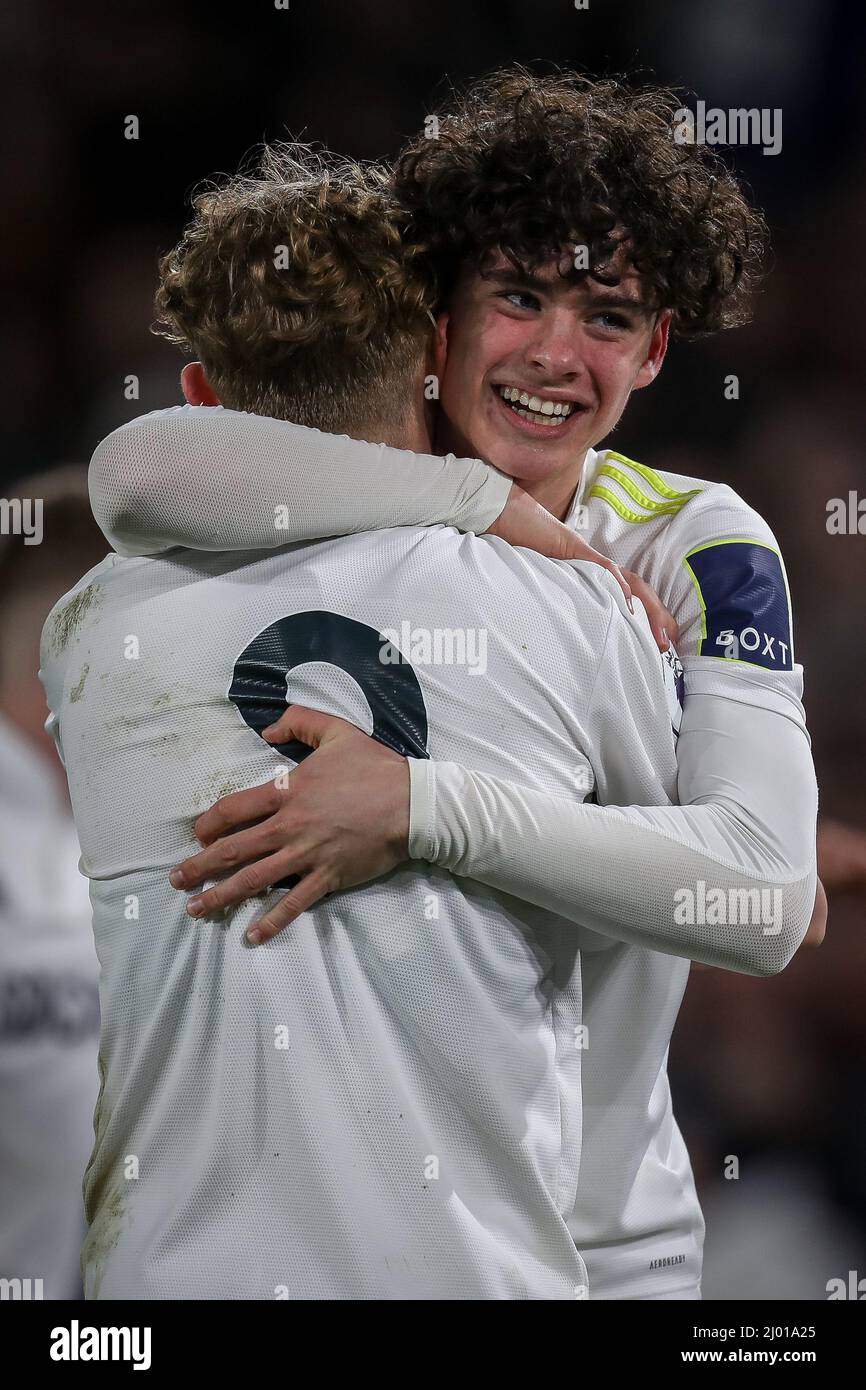 Max Dean #50 of Leeds United celebrates his goal with Archie Gray of ...