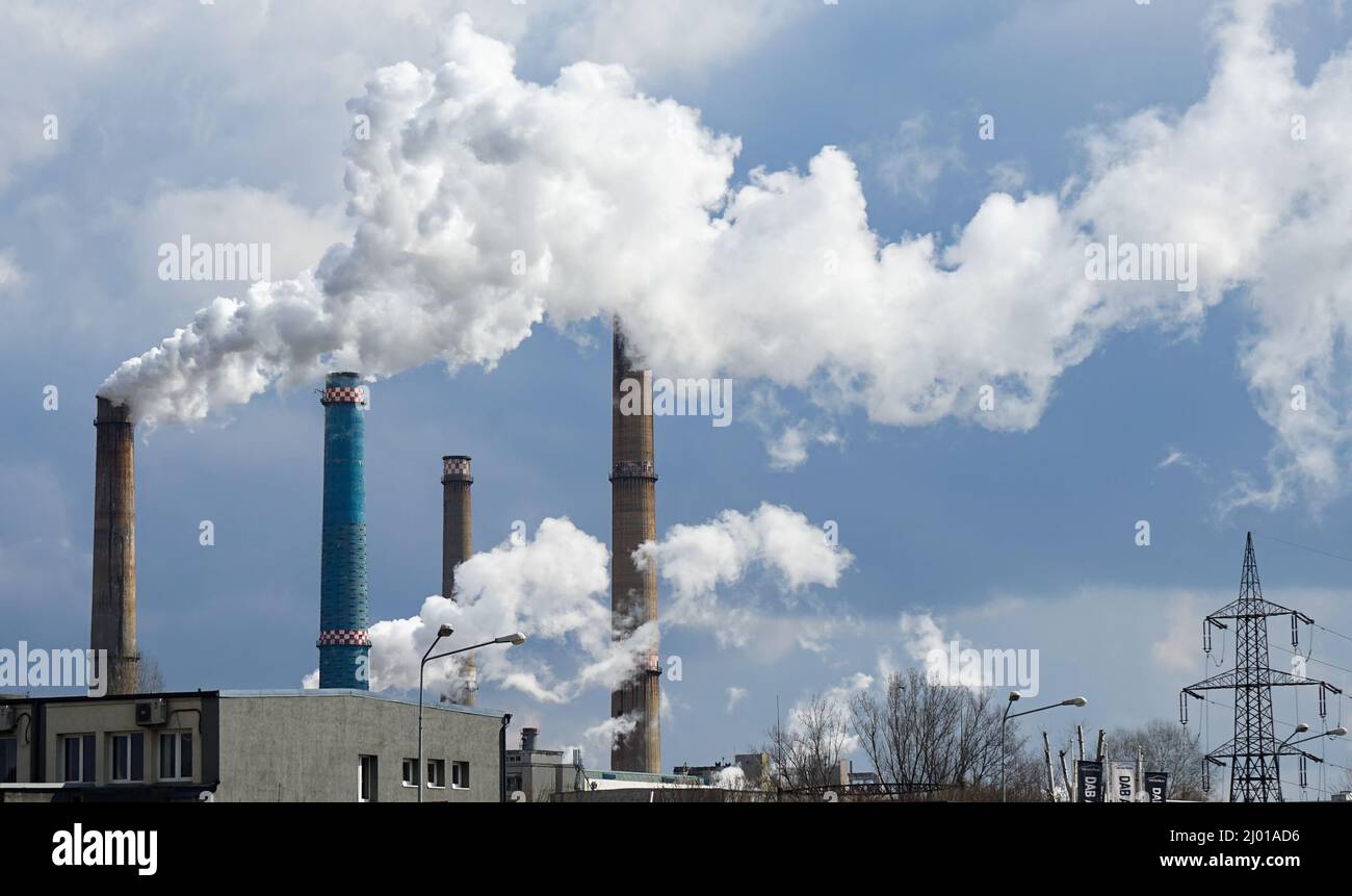 Bucharest, Romania - March 10, 2022: The chimneys of the CET Sud power ...