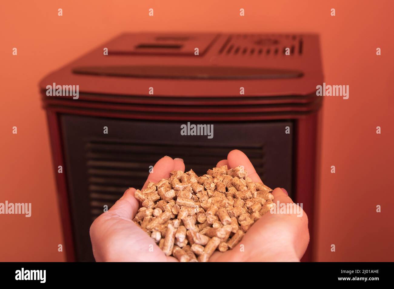 put the methane pellet granules inside the pellet stove Stock Photo - Alamy