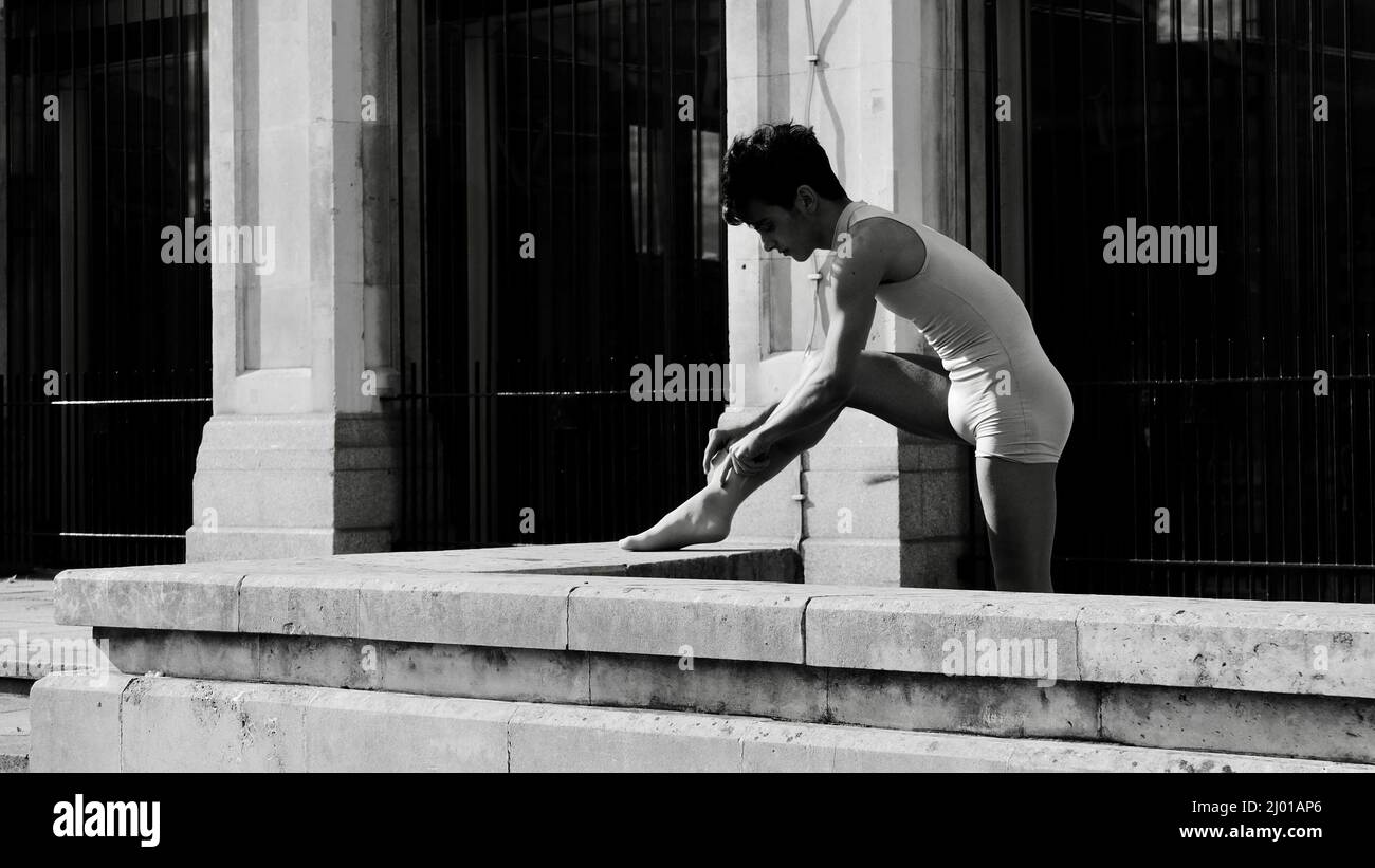 Boy preparing for his exercise in London, United Kingdom in grayscale ...