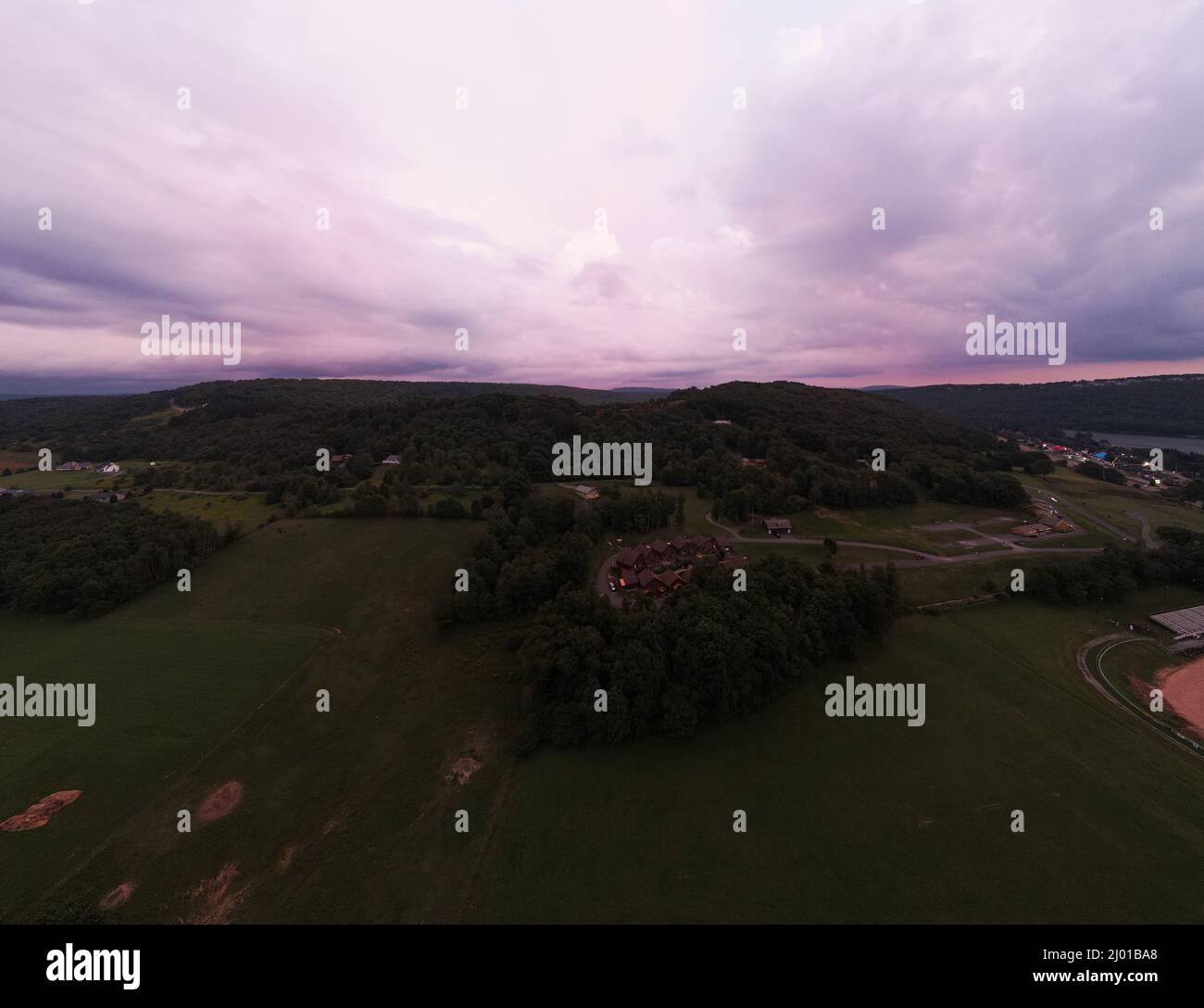 Beautiful view of a forest with a purple sky background Stock Photo - Alamy