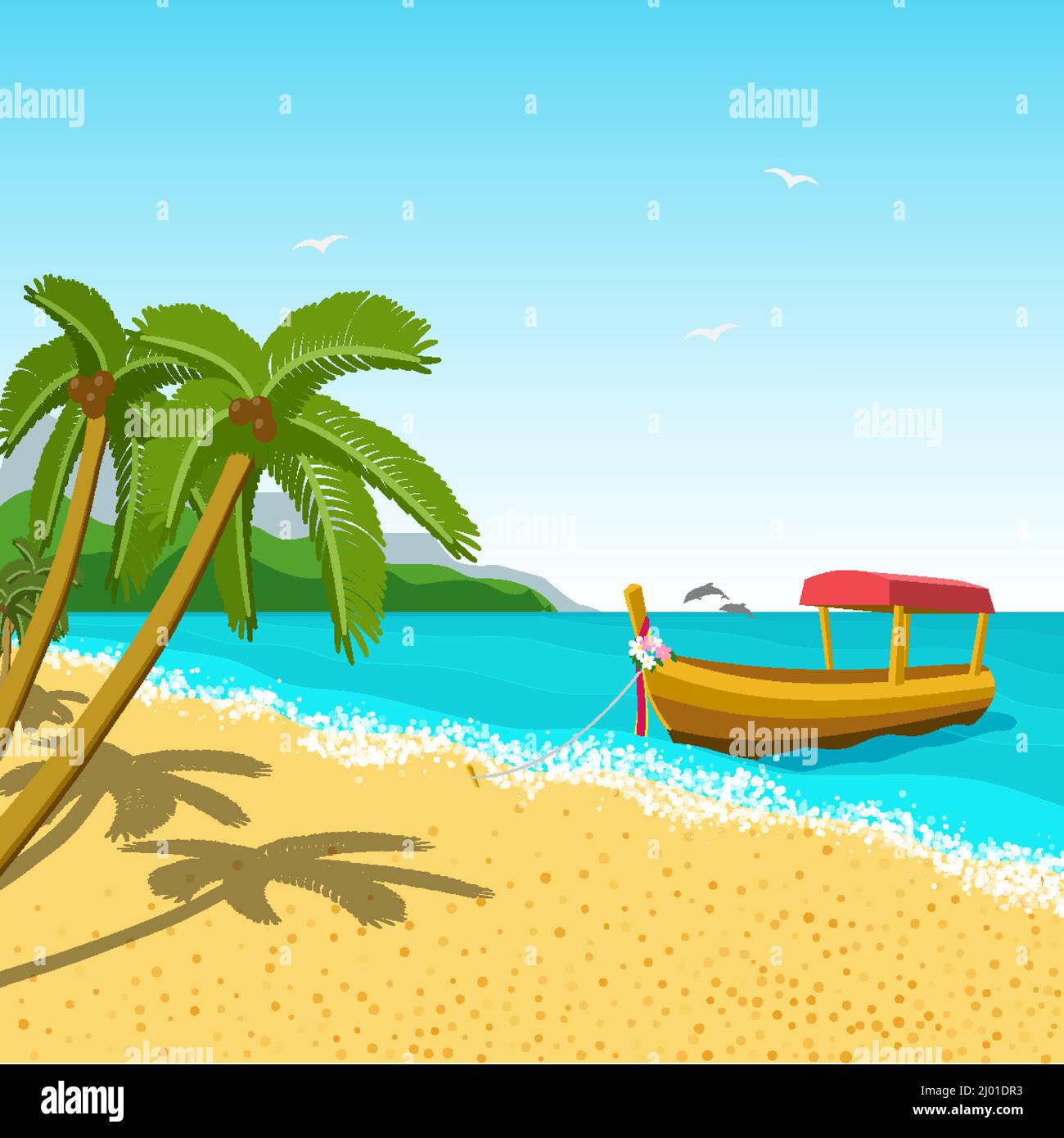 Boat landscape long tail flower ribbon on its nose tropical coast ...