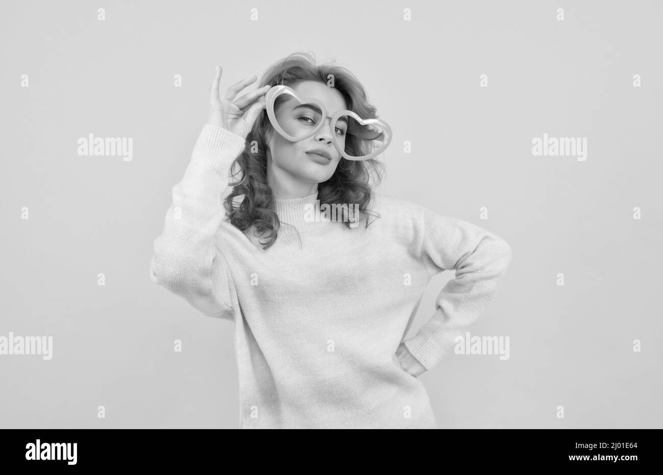 happy redhead woman wear funny party glasses on yellow background ...