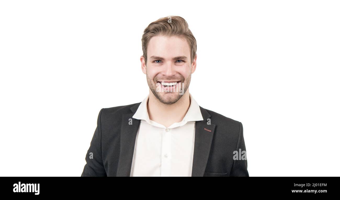Committed to superior results. Happy man face isolated on white ...