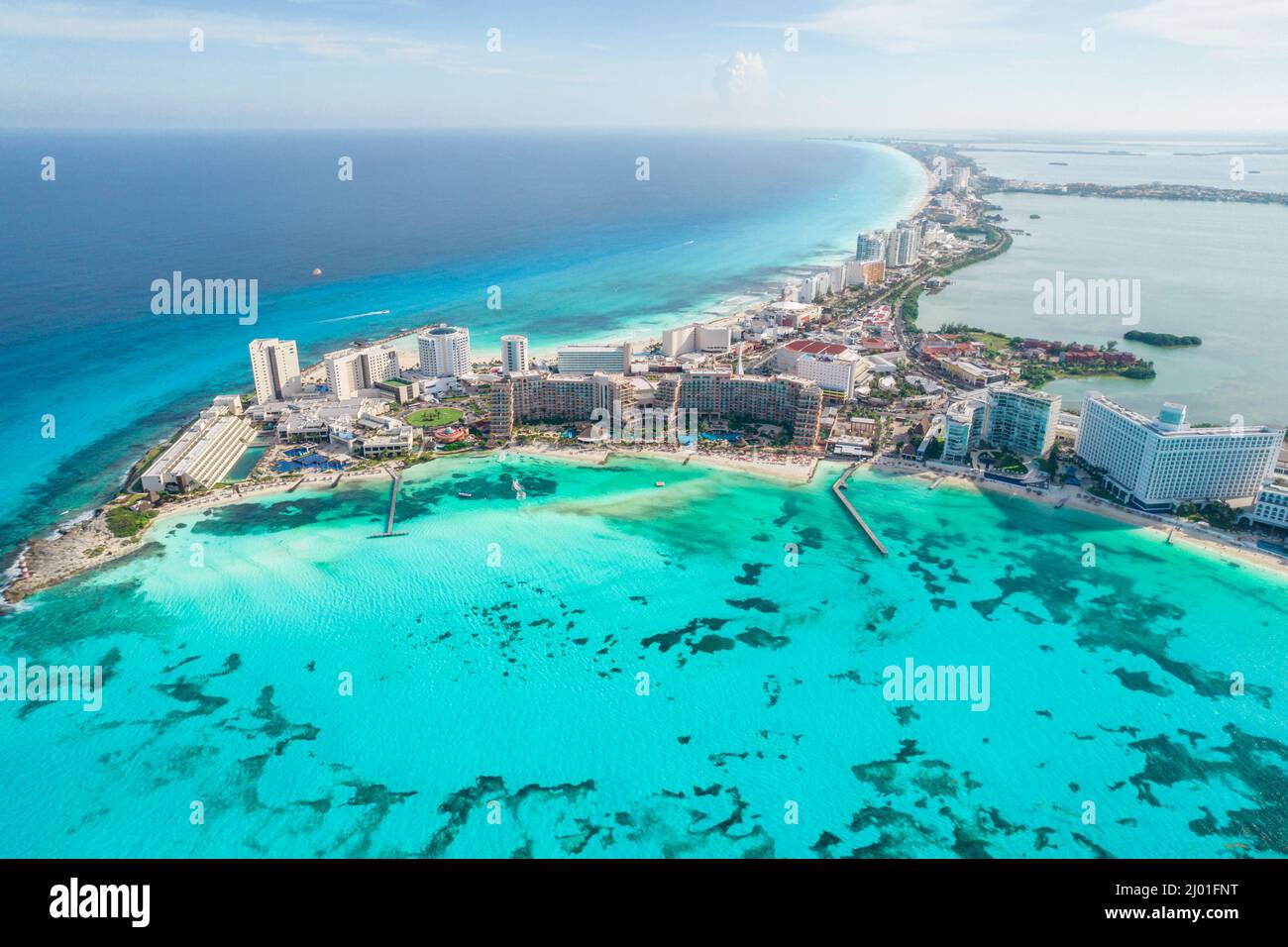 Aerial panoramic view of Cancun beach and city hotel zone in Mexico ...