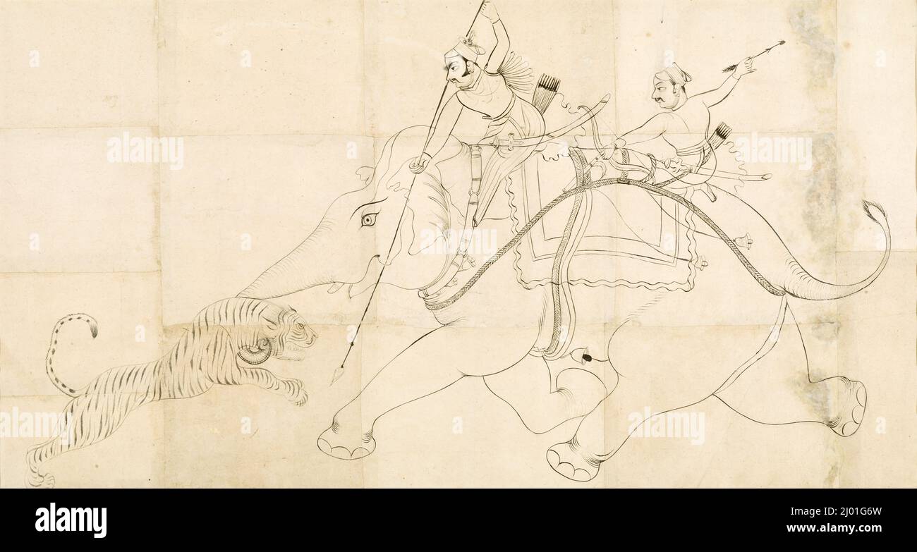 Prince Hunting Tiger. India, Rajasthan, Kota, circa 1725. Drawings. Ink ...