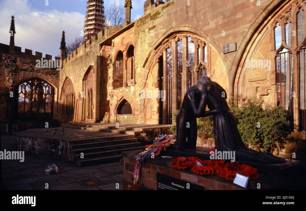 Coventry, UK: the interior of the bombarded old Cathedral with the war ...