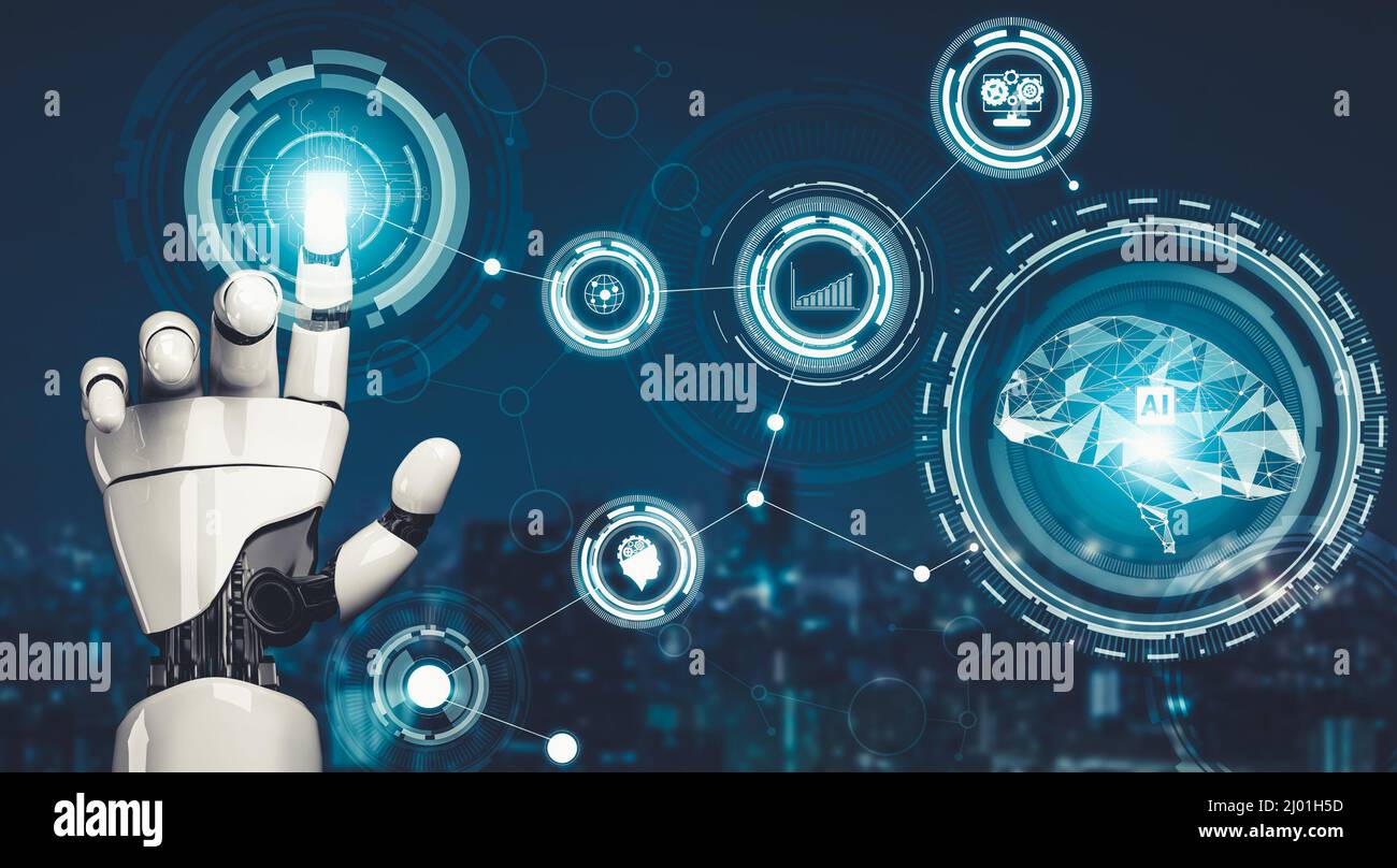 3D rendering futuristic droid robot technology development, artificial ...