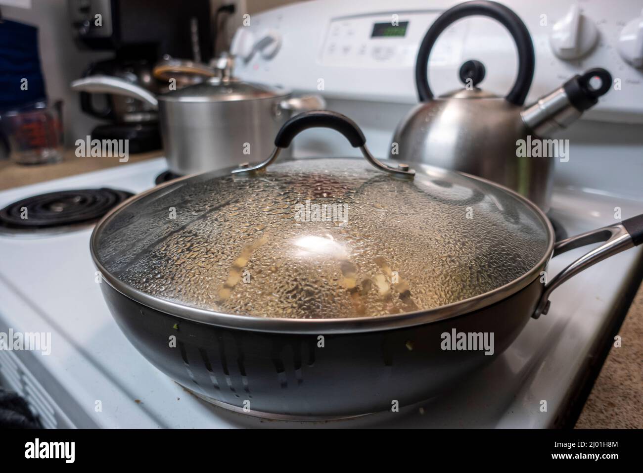 Angled, selective focus of a large, covered skillet cooking dinner at a ...