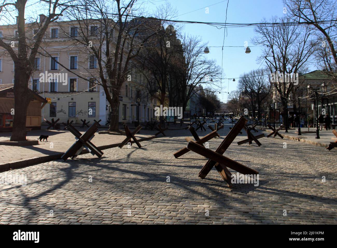 Odessa, Ukraine. 15th Mar, 2022. Anti-tank hedgehogs are pictured at ...