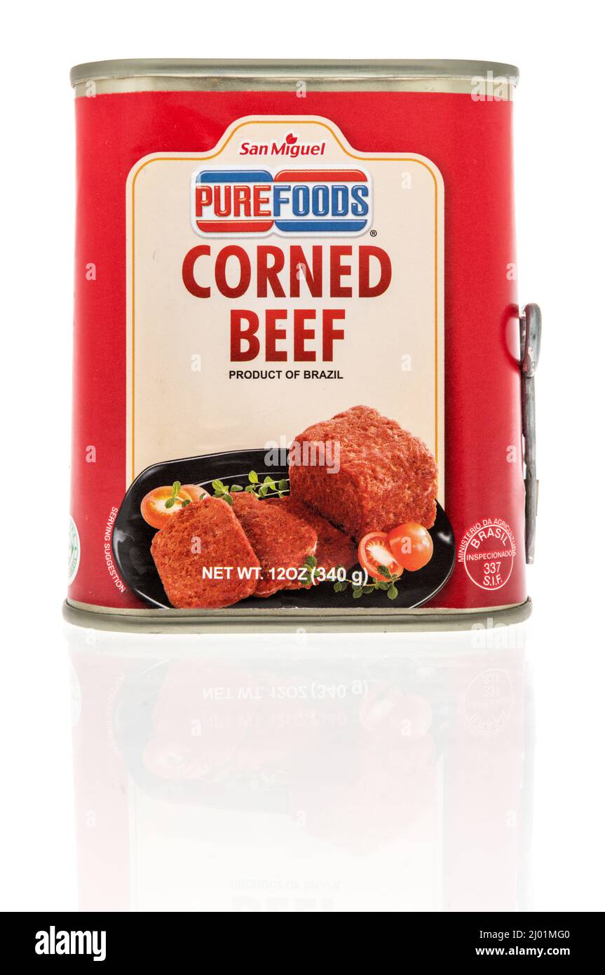 Winneconne, WI -1 March 2021: A package of San Miguel pure foods corned ...