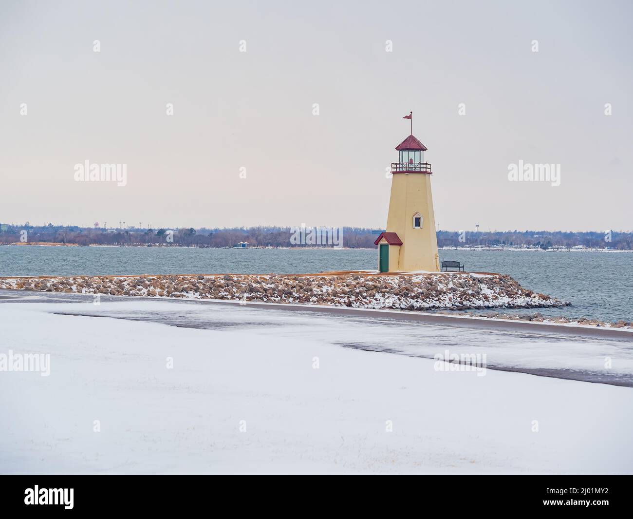 Overcast view of the snowy Lake Hefner lighthouse at Oklahoma Stock ...