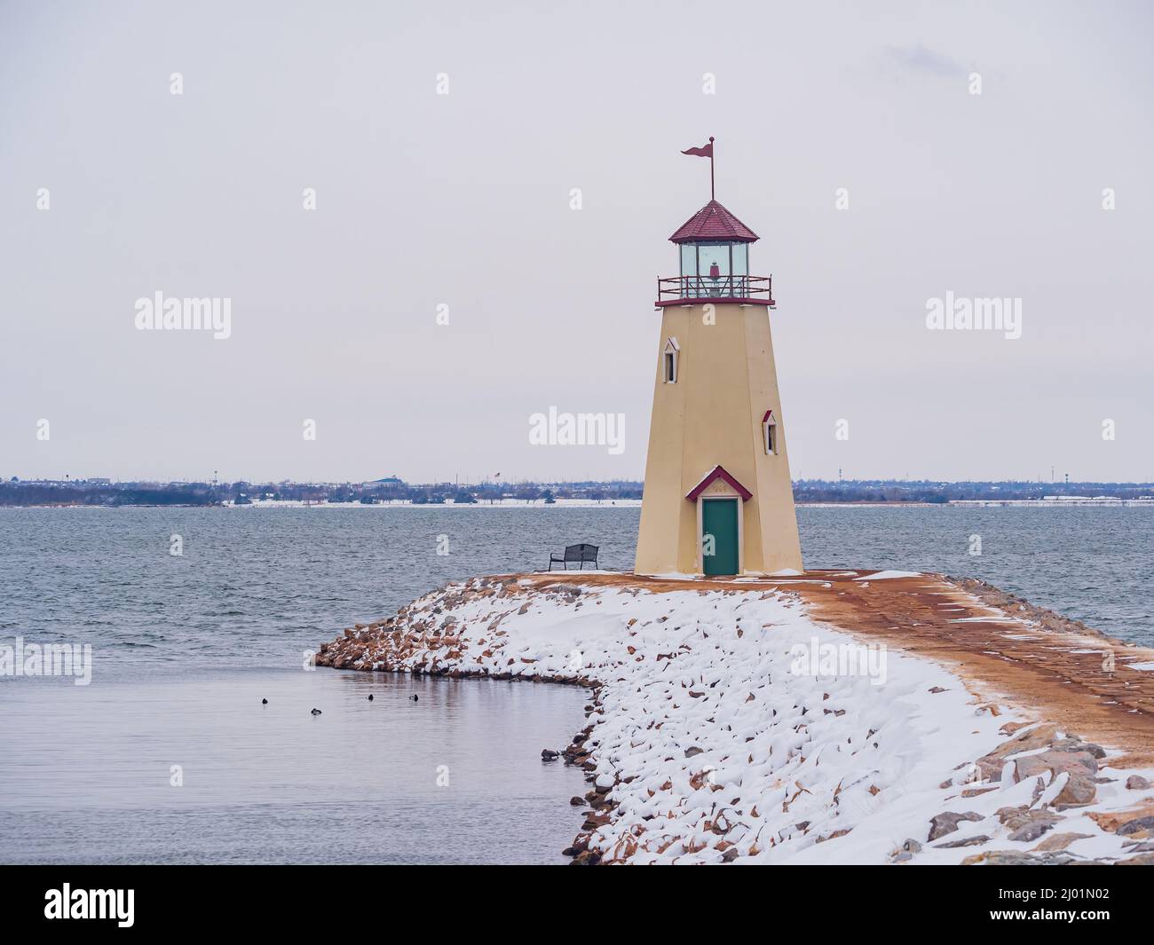 Overcast view of the snowy Lake Hefner lighthouse at Oklahoma Stock ...
