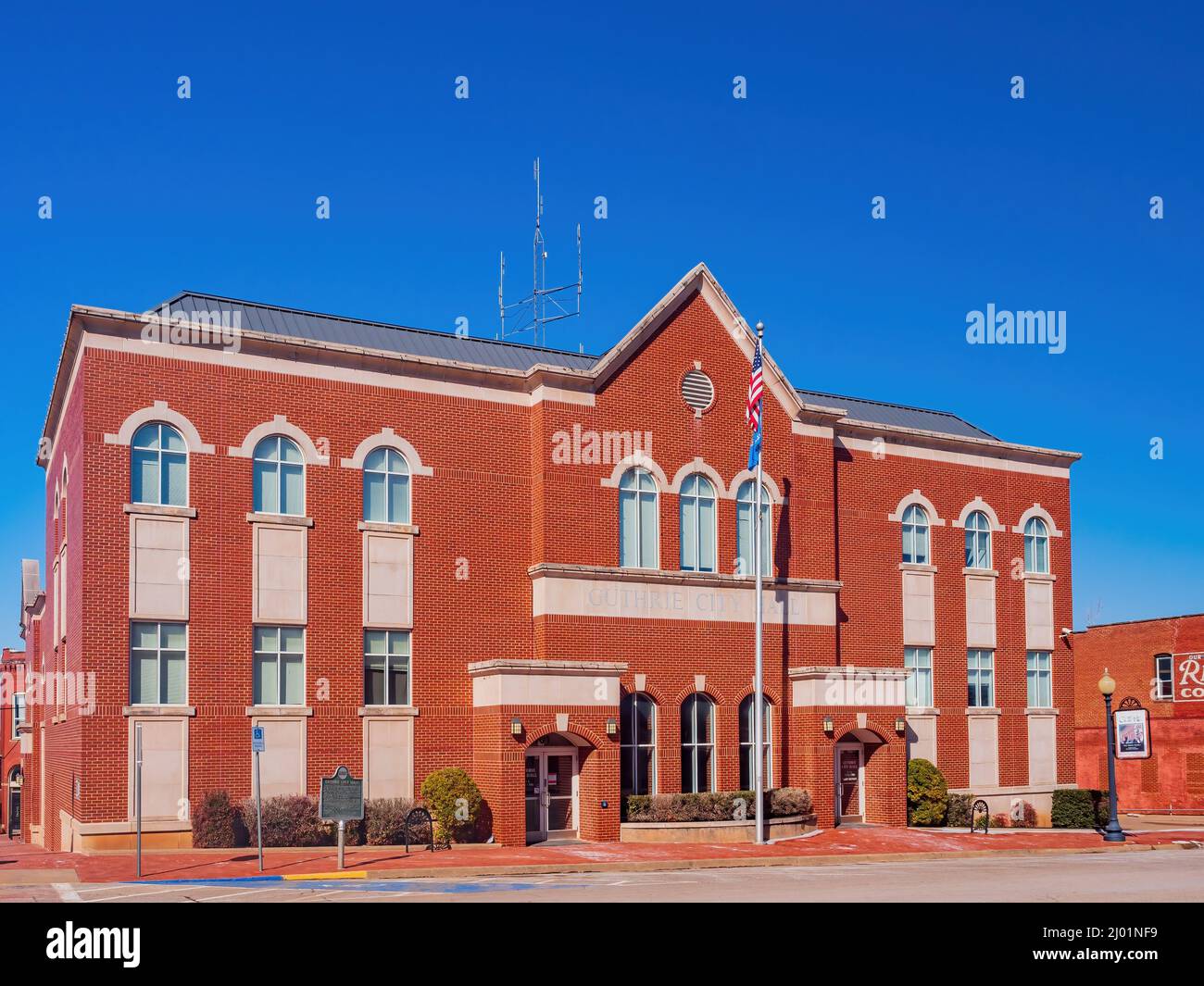 Sunny exterior view of the city hall in Guthrie old town at Oklahoma ...