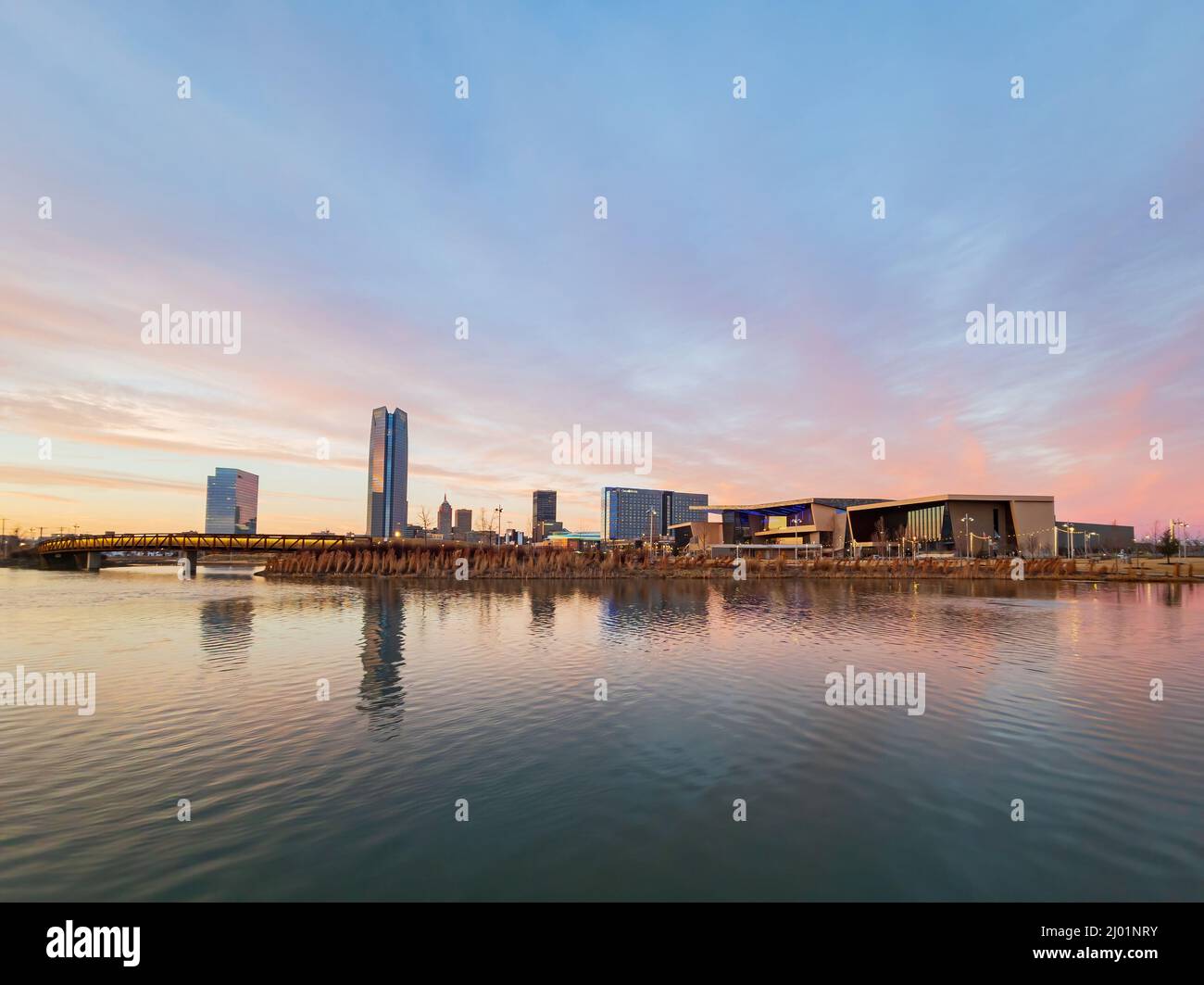 Sunset view of the Oklahoma skyline from Scissortail Park at Oklahoma ...
