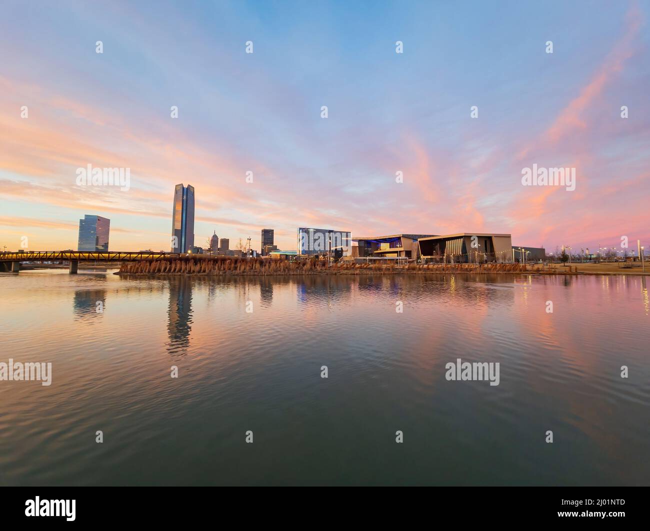 Sunset view of the Oklahoma skyline from Scissortail Park at Oklahoma ...