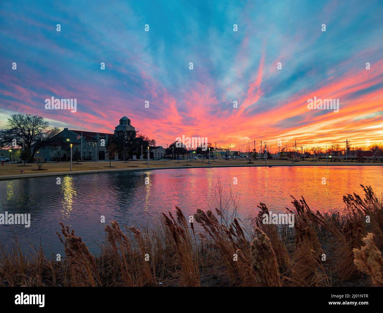 Sunset view of the Oklahoma skyline from Scissortail Park at Oklahoma ...