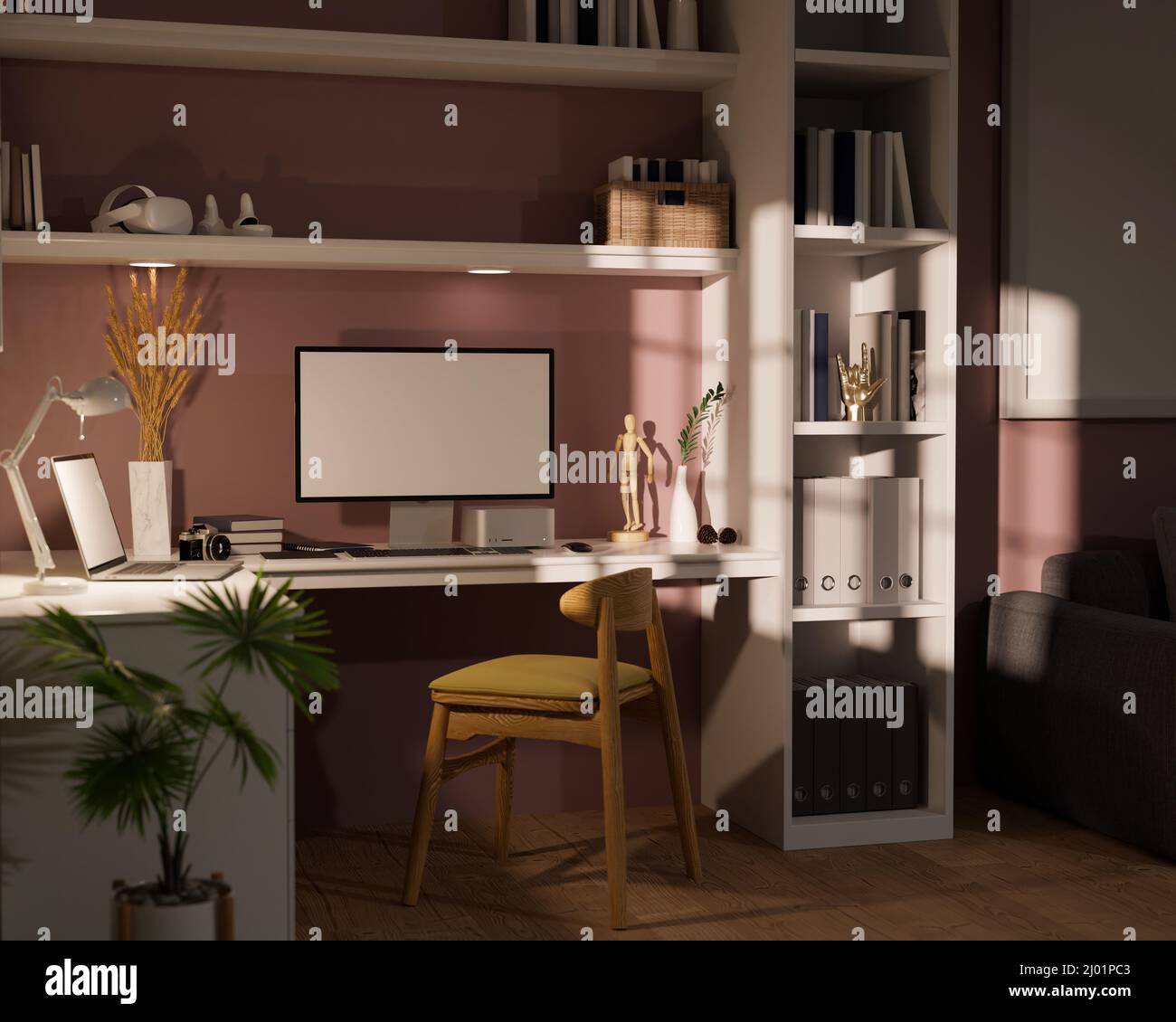 Modern stylish home workplace interior with daylight shadow, computer ...