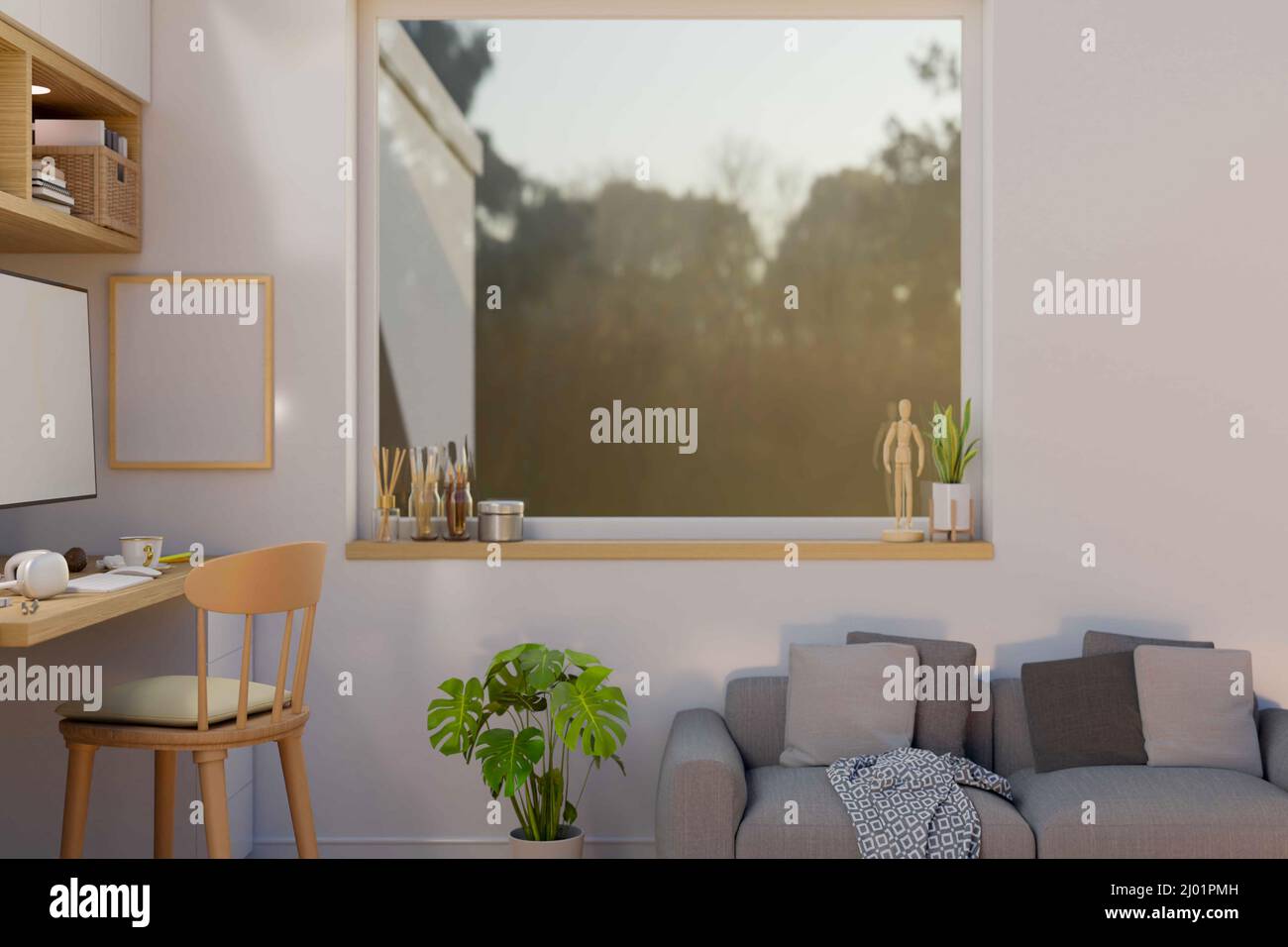 Minimal comfortable home living room or workplace interior with comfy ...