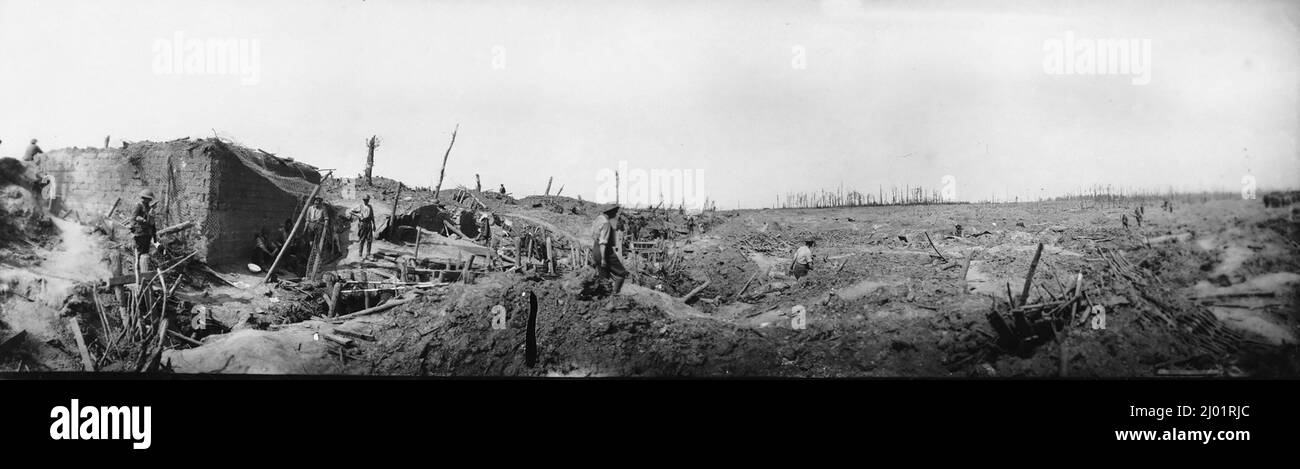 A panoramic view of smashed German observation post and trenches after ...