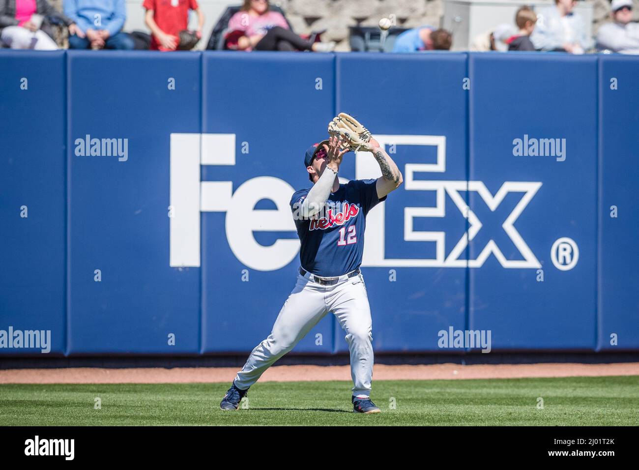 March 13, 2022: Ole Miss outfielder Kemp Alderman (12) makes a catch ...
