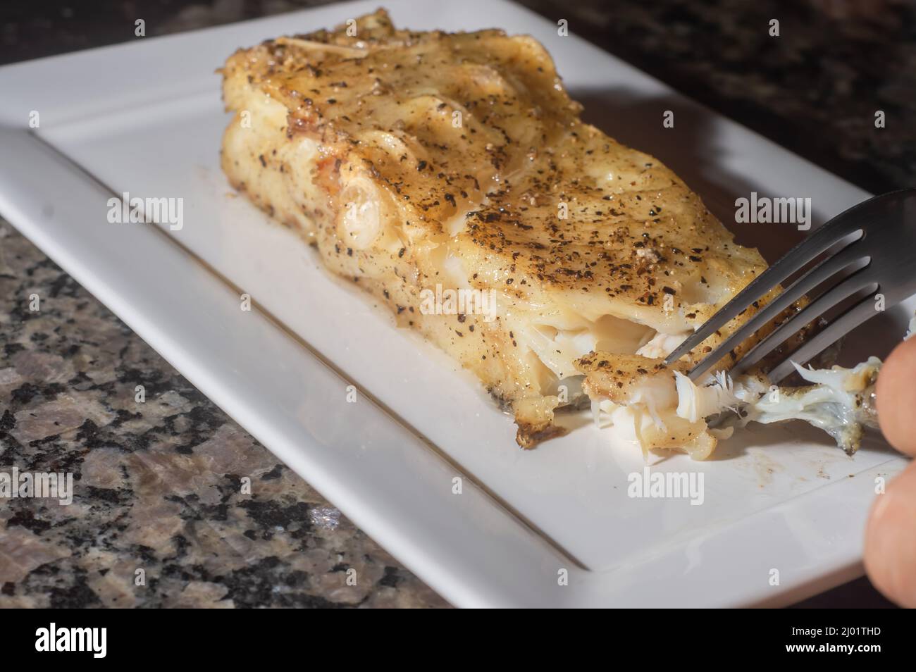 Fish sliced and roasted cod, on a white dish with copy space and dark ...