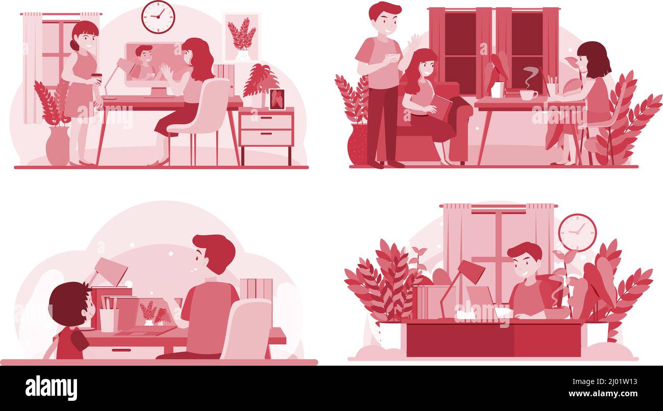 Four scenes of people working at home illustration Stock Vector Image ...