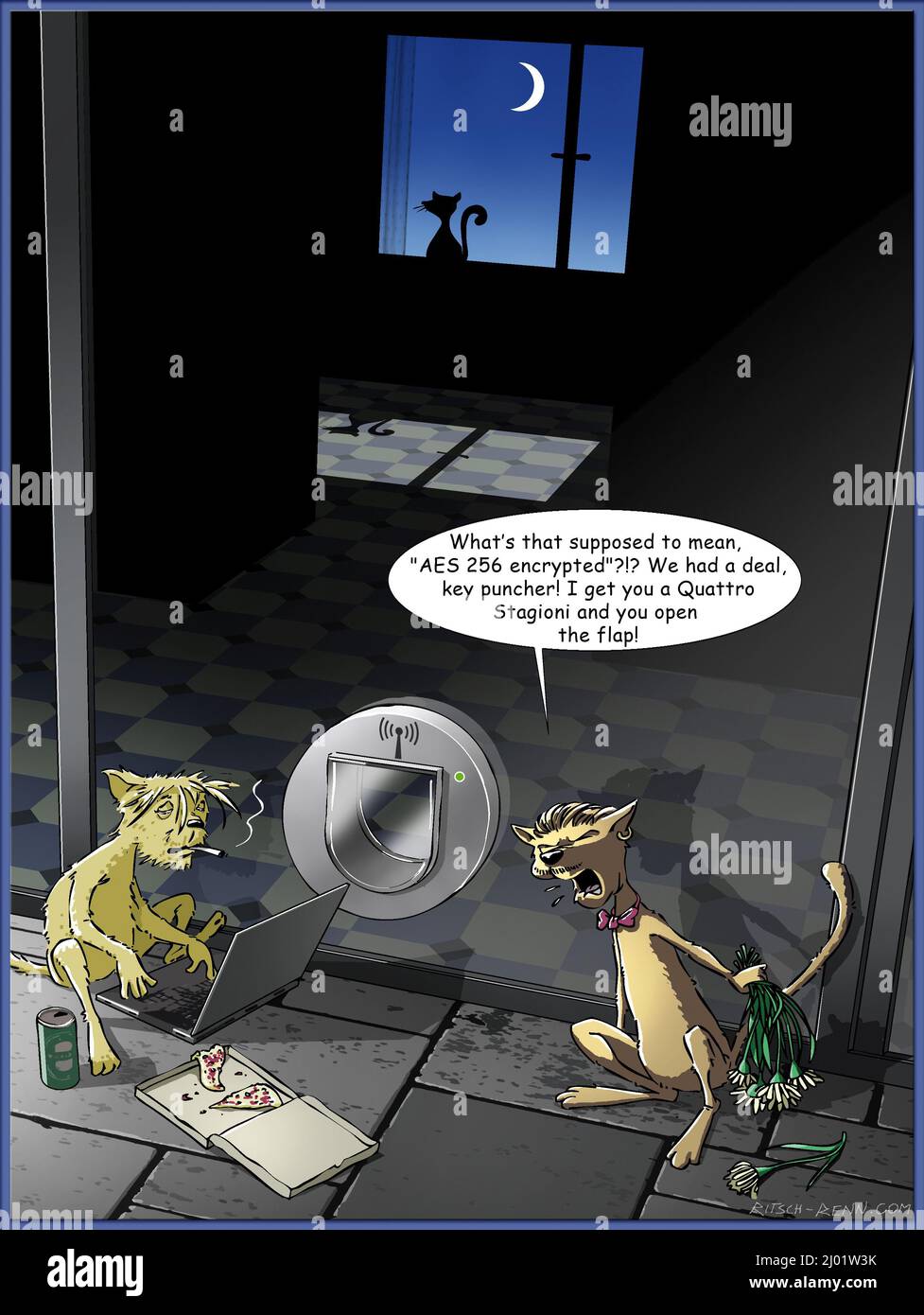 Cat flap security, satirical illustration Stock Photo - Alamy