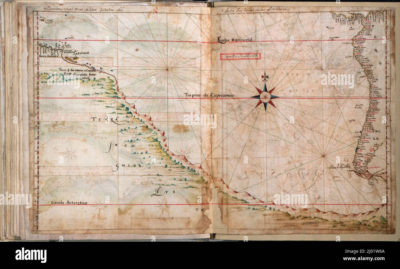 Portuguese navigational map of the South Pacific, 1630 Stock Photo - Alamy