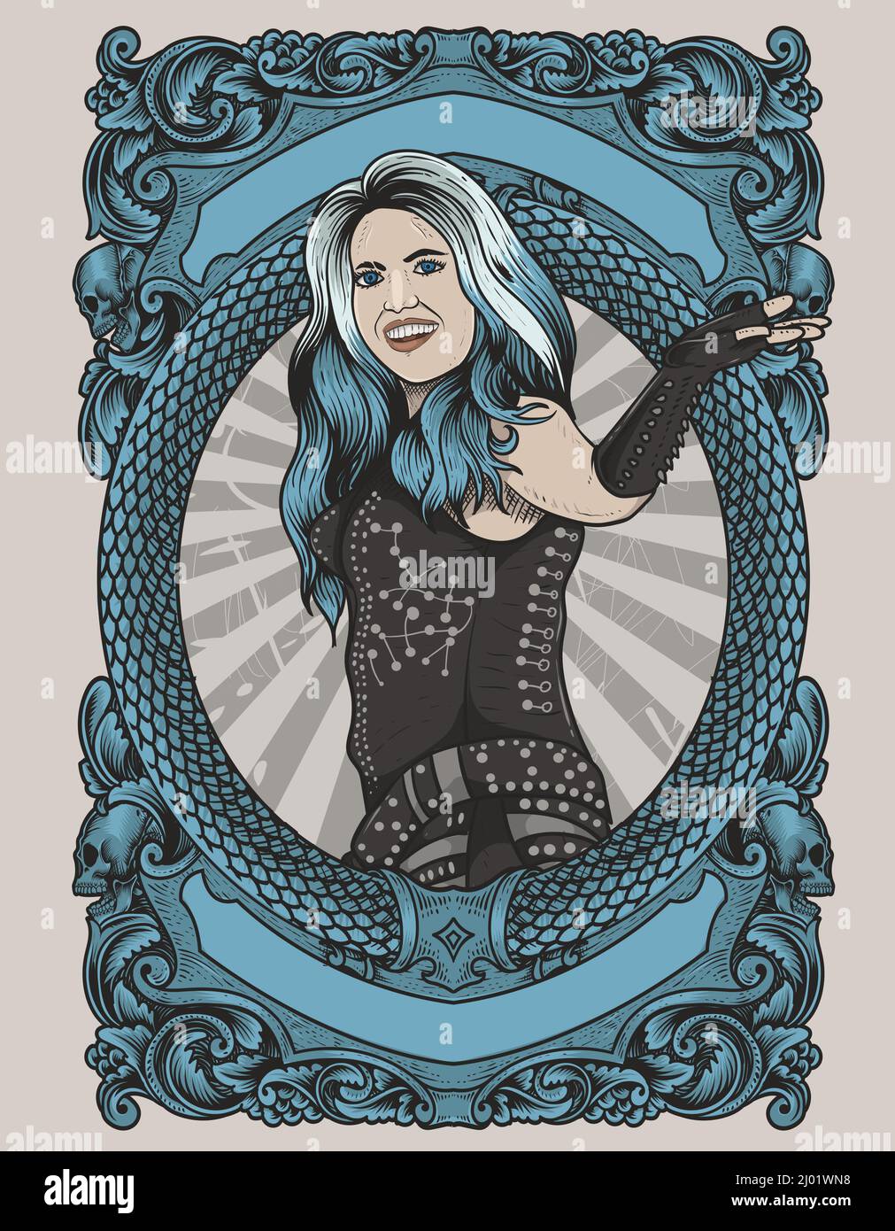 illustration girl rockstar with engraving ornament frame Stock Vector ...