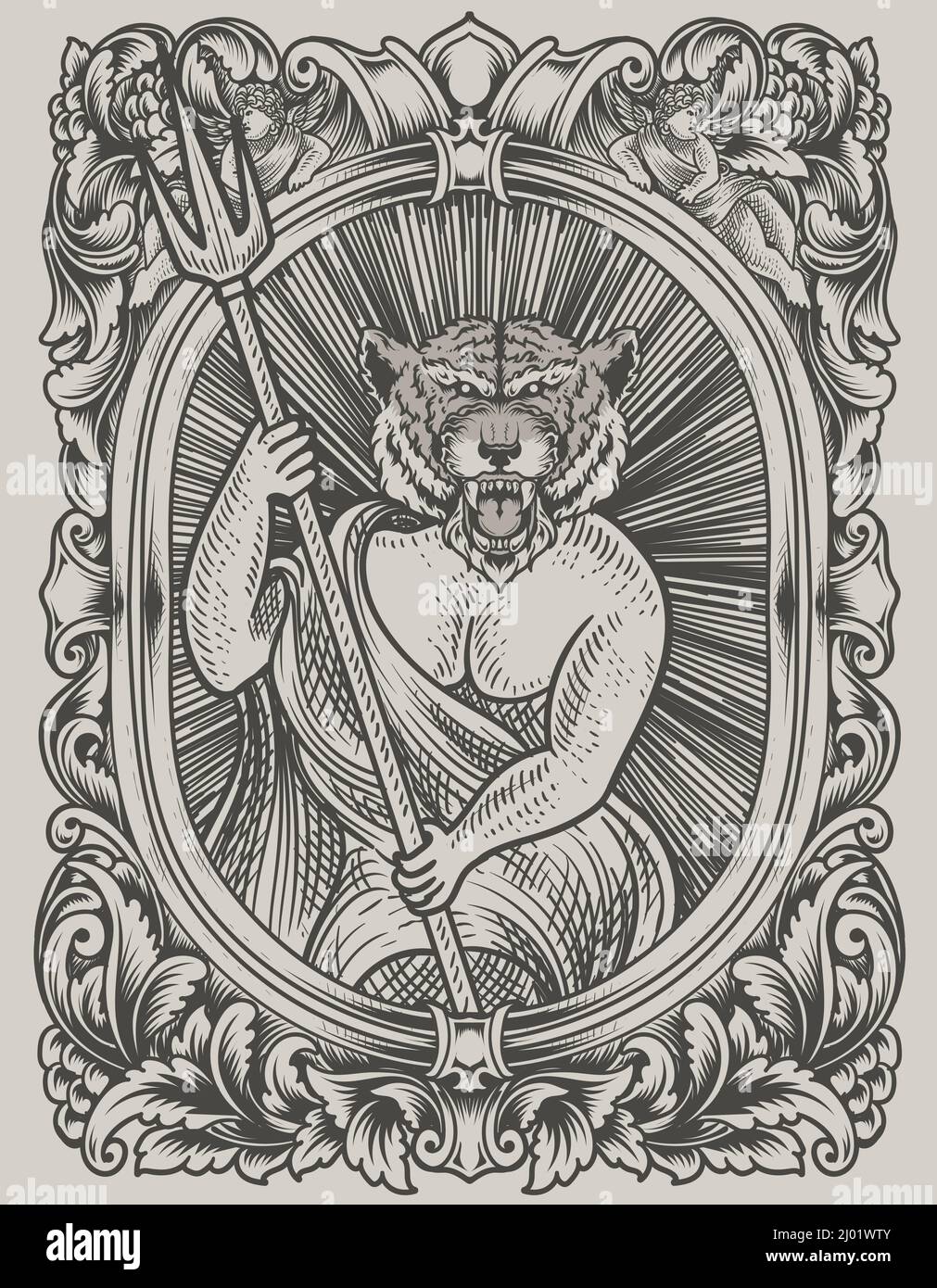 illustration demon tiger with engraving ornament frame Stock Vector ...