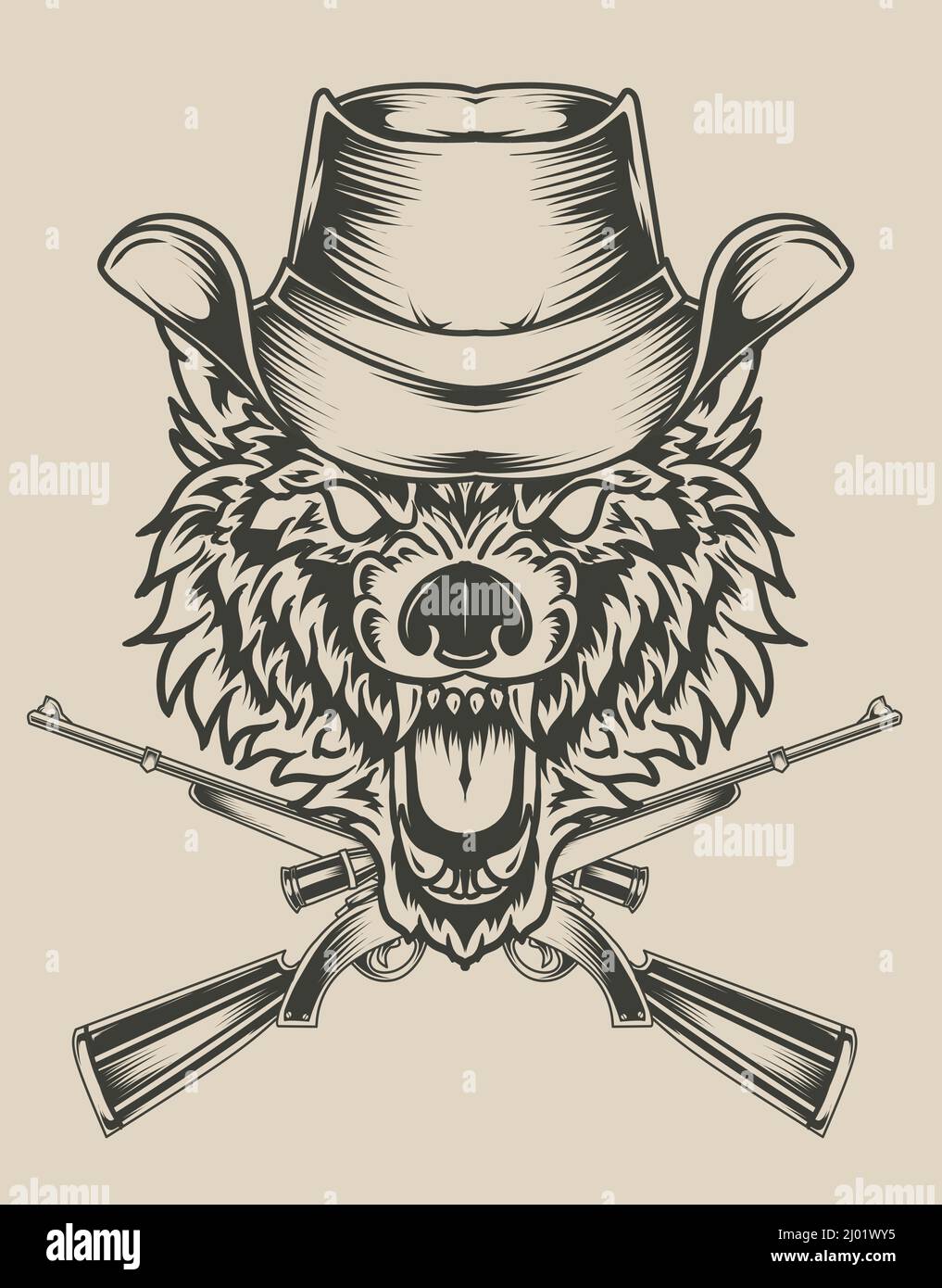 illustration wolf head with hat and two guns Stock Vector Image & Art ...
