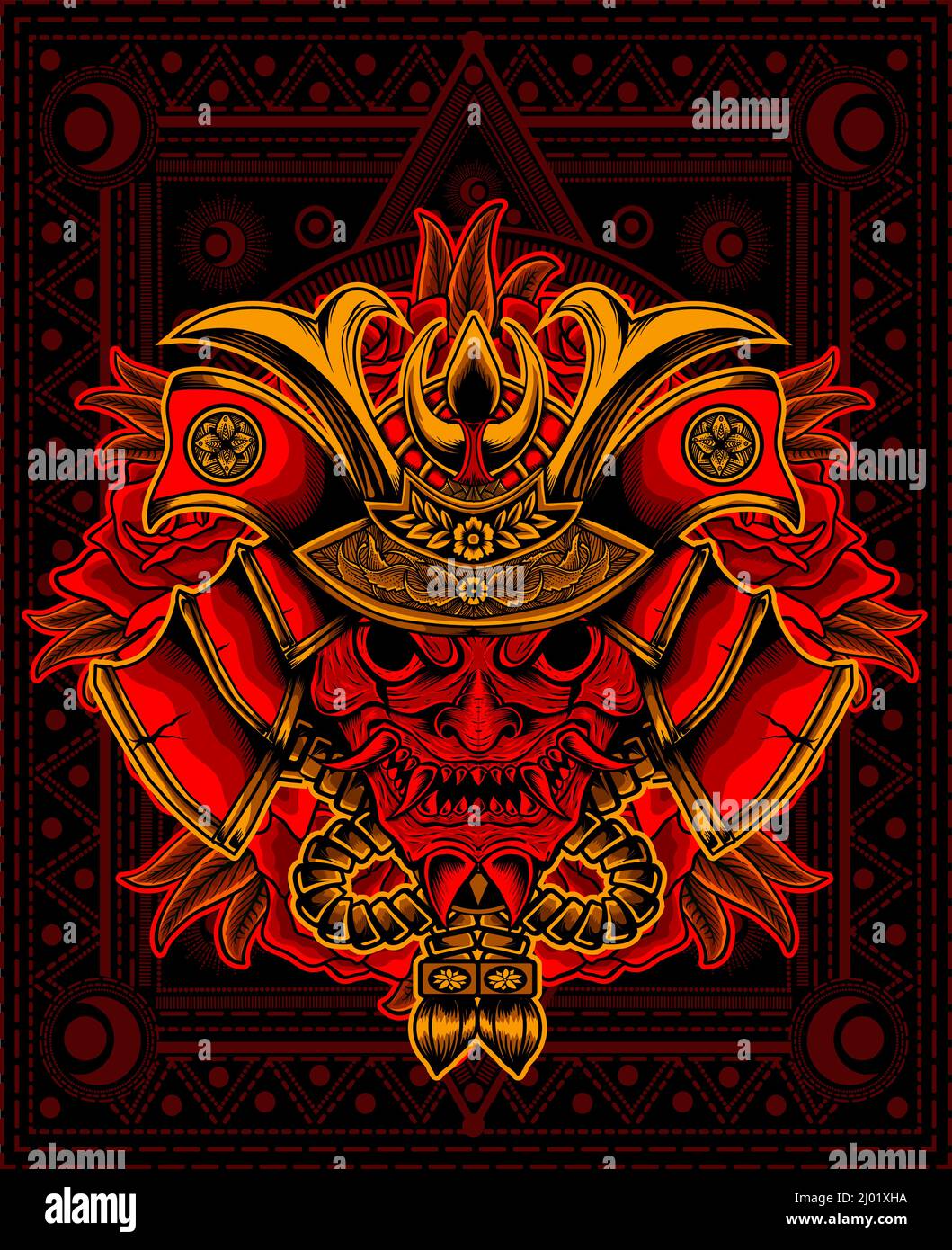 illustration vintage samurai head with rose flower Stock Vector Image ...