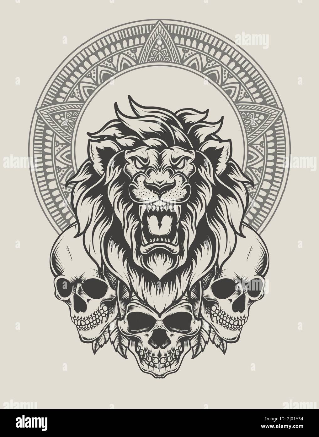 illustration lion head with skull monochrome style Stock Vector Image ...