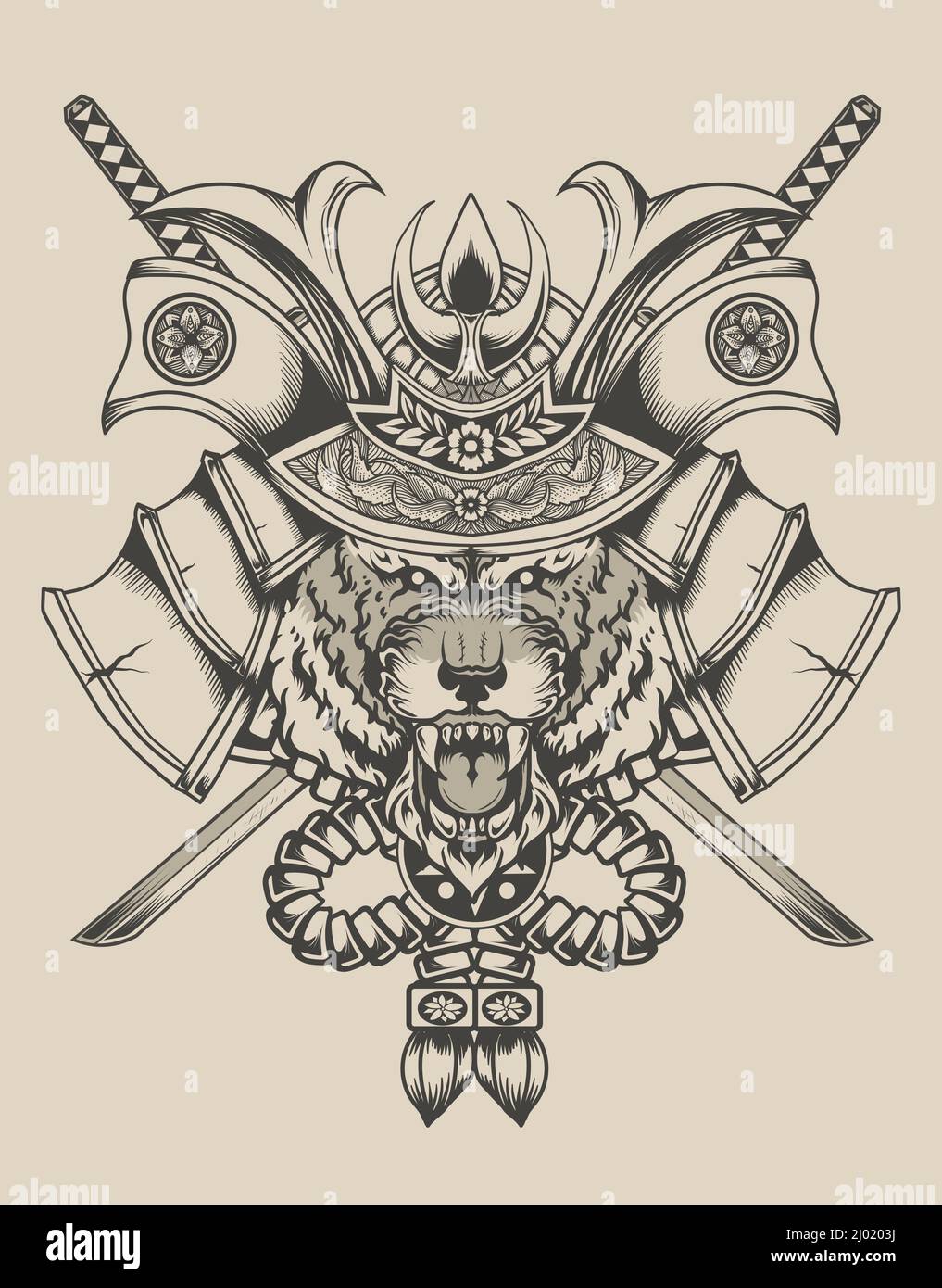 illustration samurai tiger head monochrome style Stock Vector Image ...