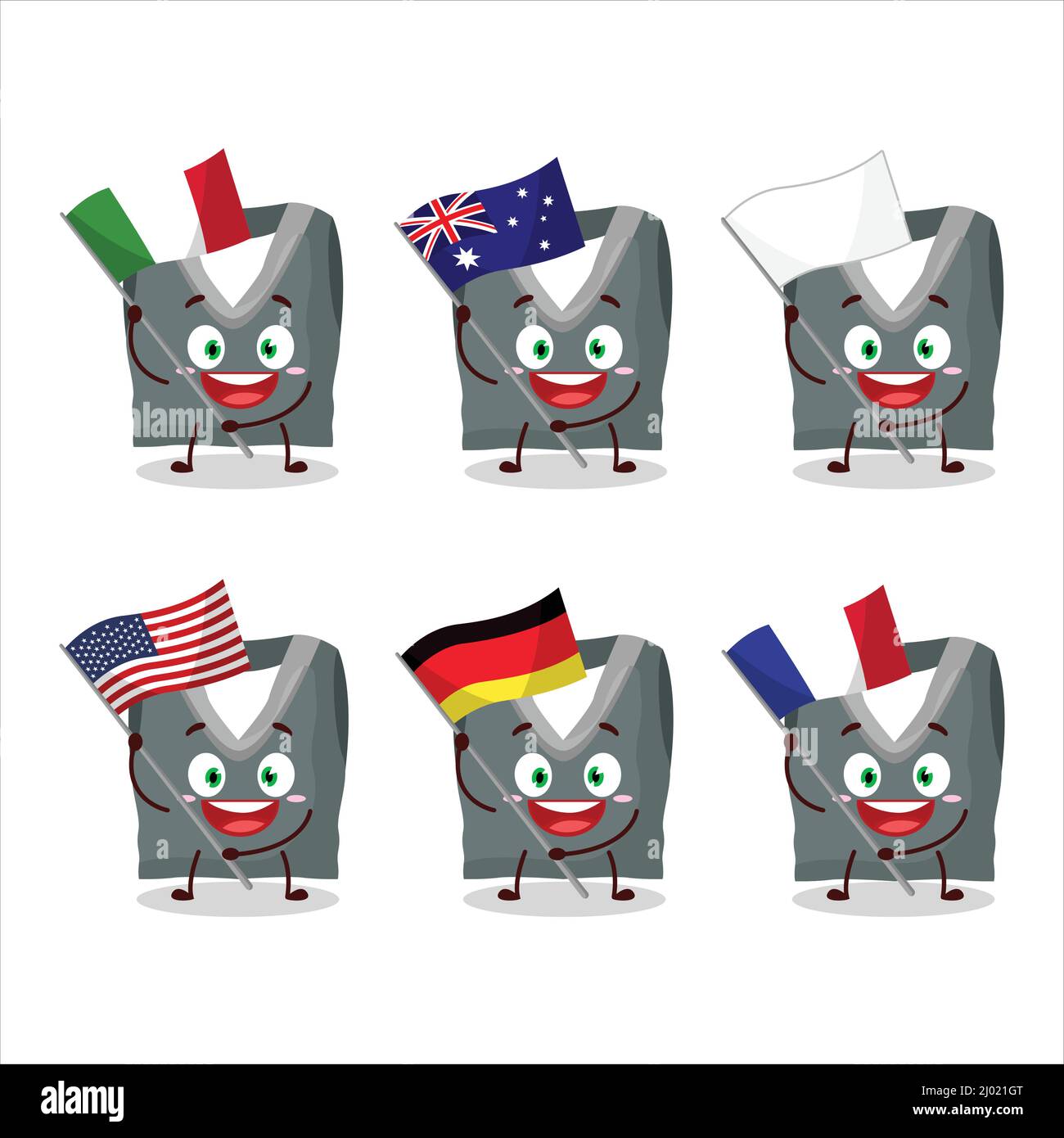 Gray school vest cartoon character bring the flags of various countries ...
