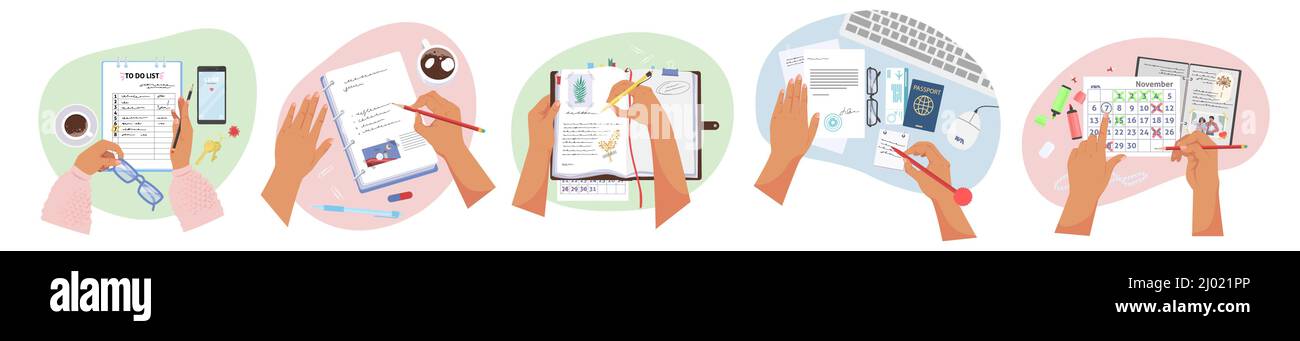 Writing hands. People taking notes, writing diary, planning schedule ...