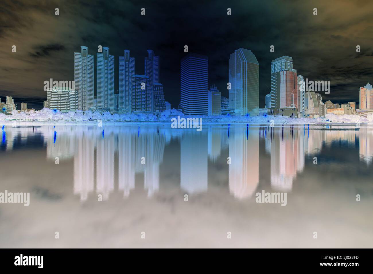 City building with water reflection before sunset background Stock ...